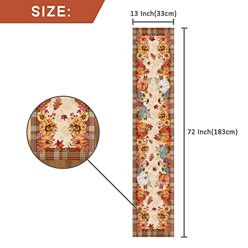 Fall Table Runner Autumn 72 Inches Long x 13 Burlap Linen Home Kitchen Decor Pumpkin Sunflower Leaves Buffalo Plaid Check Seasonal Coffee Dining Rustic Farmhouse Red Orange Yelllow Fall Table Runners