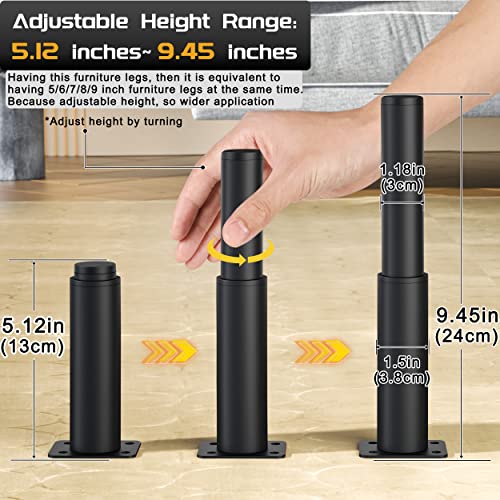 Metal Adjustable Furniture Legs 5.12-9.45 inch, Wlrrcwdttc Couch Legs Cabinet Legs Adjustable Height Replacement Support Leg for Sofa/Dresser/Bed/Chair/Coffee Table, Legs for Furniture Set of 4 -Black