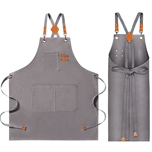 NLUS Canvas Chef Apron, Cross Back Heavy Duty Waterproof Work Apron with Adjustable Straps and Large Pockets for Men Women, Size M to XXL (GREY),27in * 30in