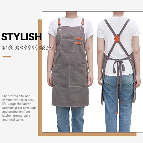 NLUS Canvas Chef Apron, Cross Back Heavy Duty Waterproof Work Apron with Adjustable Straps and Large Pockets for Men Women, Size M to XXL (GREY),27in * 30in