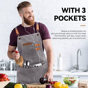 NLUS Canvas Chef Apron, Cross Back Heavy Duty Waterproof Work Apron with Adjustable Straps and Large Pockets for Men Women, Size M to XXL (GREY),27in * 30in