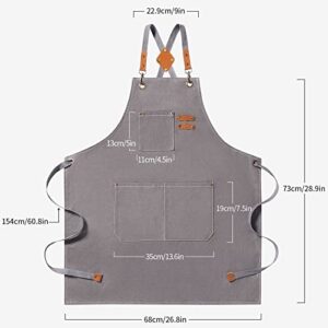 NLUS Canvas Chef Apron, Cross Back Heavy Duty Waterproof Work Apron with Adjustable Straps and Large Pockets for Men Women, Size M to XXL (GREY),27in * 30in