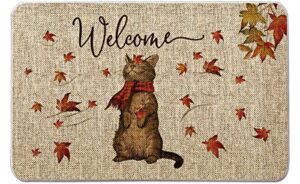 gagec fall welcome door mat cat outdoor rug maple leaf doormat entrance rugs autumn farmhouse home kitchen bathroom decorations floor front door mats 17 x 27 inch