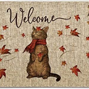 GAGEC Fall Welcome Door Mat Cat Outdoor Rug Maple Leaf Doormat Entrance Rugs Autumn Farmhouse Home Kitchen Bathroom Decorations Floor Front Door Mats 17 x 27 Inch