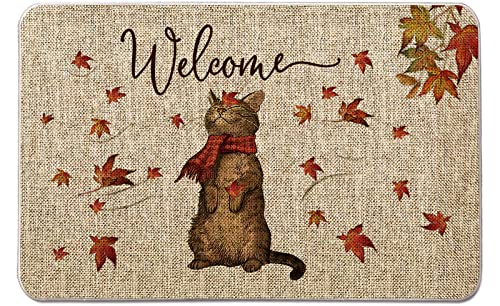 GAGEC Fall Welcome Door Mat Cat Outdoor Rug Maple Leaf Doormat Entrance Rugs Autumn Farmhouse Home Kitchen Bathroom Decorations Floor Front Door Mats 17 x 27 Inch