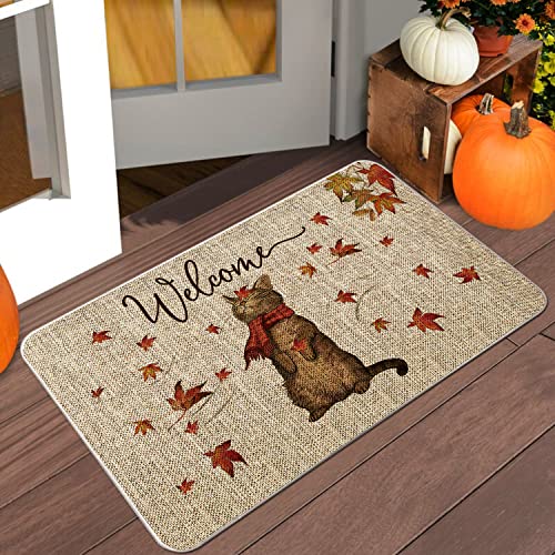 GAGEC Fall Welcome Door Mat Cat Outdoor Rug Maple Leaf Doormat Entrance Rugs Autumn Farmhouse Home Kitchen Bathroom Decorations Floor Front Door Mats 17 x 27 Inch