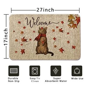 GAGEC Fall Welcome Door Mat Cat Outdoor Rug Maple Leaf Doormat Entrance Rugs Autumn Farmhouse Home Kitchen Bathroom Decorations Floor Front Door Mats 17 x 27 Inch