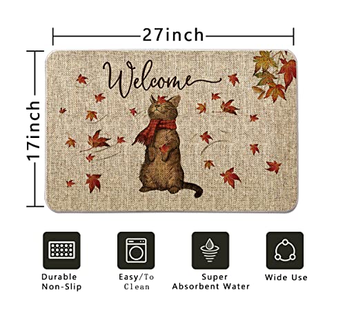 GAGEC Fall Welcome Door Mat Cat Outdoor Rug Maple Leaf Doormat Entrance Rugs Autumn Farmhouse Home Kitchen Bathroom Decorations Floor Front Door Mats 17 x 27 Inch