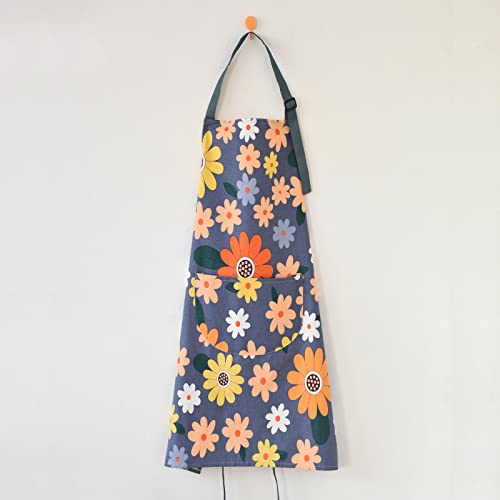 ARBINSON 2 Pack Floral Apron for Women with Pockets, Adjustable Cotton Chef Aprons for Kitchen, Cooking, BBQ & Grill (Blue/Flowers)