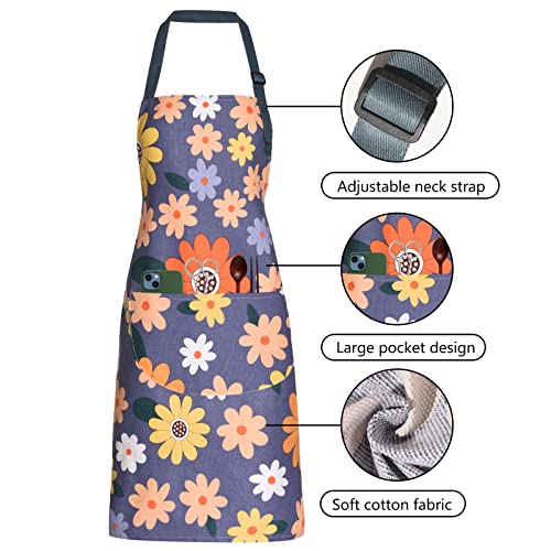 ARBINSON 2 Pack Floral Apron for Women with Pockets, Adjustable Cotton Chef Aprons for Kitchen, Cooking, BBQ & Grill (Blue/Flowers)