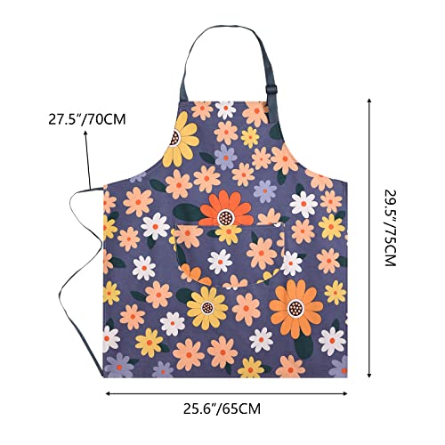 ARBINSON 2 Pack Floral Apron for Women with Pockets, Adjustable Cotton Chef Aprons for Kitchen, Cooking, BBQ & Grill (Blue/Flowers)