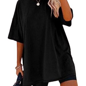 Remidoo Women's Oversized T Shirt Solid Short Sleeve Distressed Solid Tees T-Black Large