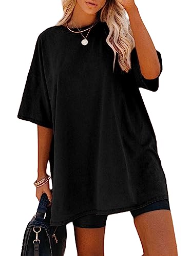 Remidoo Women's Oversized T Shirt Solid Short Sleeve Distressed Solid Tees T-Black Large