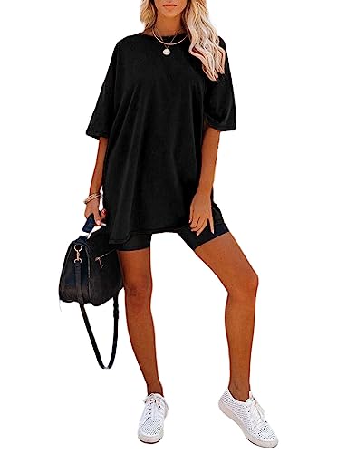 Remidoo Women's Oversized T Shirt Solid Short Sleeve Distressed Solid Tees T-Black Large