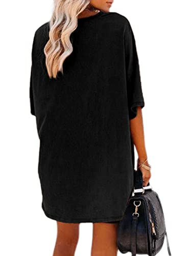 Remidoo Women's Oversized T Shirt Solid Short Sleeve Distressed Solid Tees T-Black Large