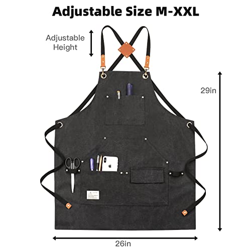 Mignongirl Chef Aprons for Men with Multi Pockets,Heavy Duty Canvas Cross Back Apron for BBQ/Kitchen/Cooking/Chef/Tool/Work,Adjustable Size M-XXL,Black