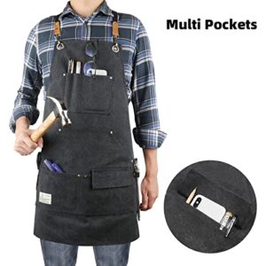 Mignongirl Chef Aprons for Men with Multi Pockets,Heavy Duty Canvas Cross Back Apron for BBQ/Kitchen/Cooking/Chef/Tool/Work,Adjustable Size M-XXL,Black