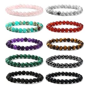 sailimue 10/12pcs gorgeous semi-precious gemstones bracelets for women men 8mm/6mm natural stone beaded bracelets tiger eye lava rock healing crystal stretch bead bracelet unisex