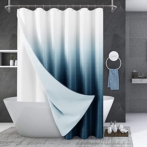 Navy Blue Shower Curtain with Liner Set Ombre Navy Blue and White Waffle Fabric Elegant Modern Heavy Duty Double Layers Hotel Style Decor Blue Shower Curtains for Bathroom, 72x72