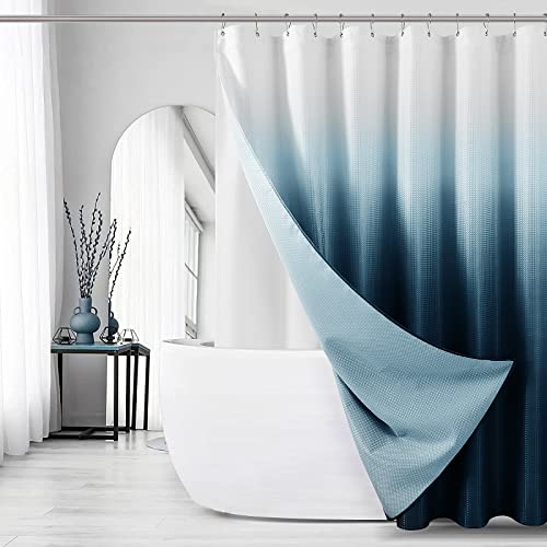 Navy Blue Shower Curtain with Liner Set Ombre Navy Blue and White Waffle Fabric Elegant Modern Heavy Duty Double Layers Hotel Style Decor Blue Shower Curtains for Bathroom, 72x72