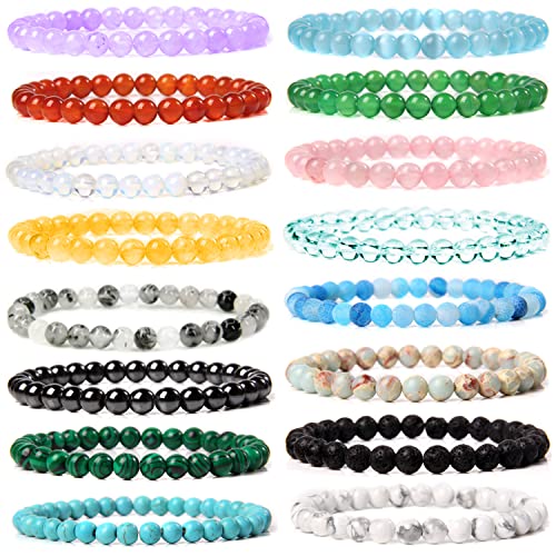 WAINIS 16PCS 6mm Gemstone Beaded Bracelets for Women Tiny Crushed Stone Crystal Bracelet Beaded Couples Stretch Unisex Stretch Bracelets Jewelry