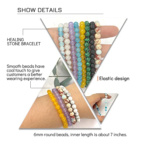 WAINIS 16PCS 6mm Gemstone Beaded Bracelets for Women Tiny Crushed Stone Crystal Bracelet Beaded Couples Stretch Unisex Stretch Bracelets Jewelry