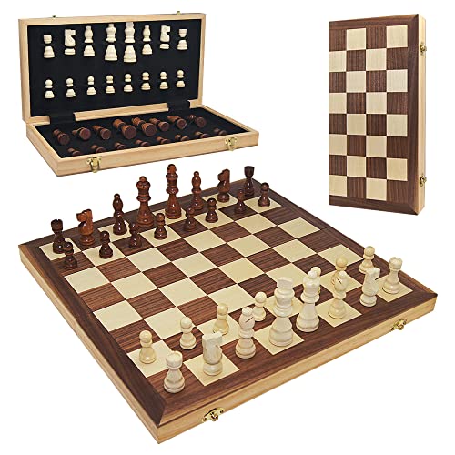 Gothink Wooden Chess Set Board Games Portable Folding Chessboard 15”x15” Puzzle Game with 32 Solid Wood ajedrez Chess Piece for Adults and Kids Travel Family Game Gift