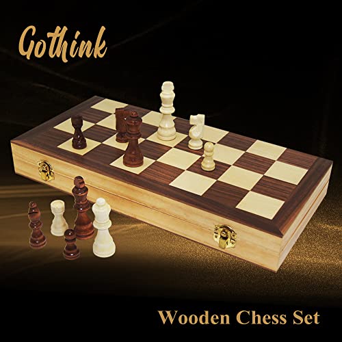 Gothink Wooden Chess Set Board Games Portable Folding Chessboard 15”x15” Puzzle Game with 32 Solid Wood ajedrez Chess Piece for Adults and Kids Travel Family Game Gift