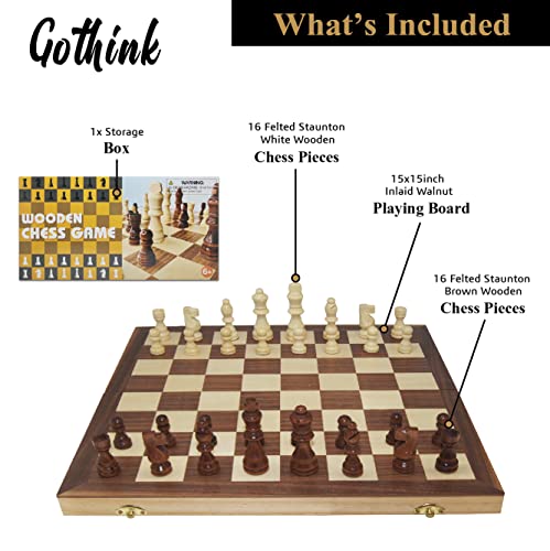 Gothink Wooden Chess Set Board Games Portable Folding Chessboard 15”x15” Puzzle Game with 32 Solid Wood ajedrez Chess Piece for Adults and Kids Travel Family Game Gift