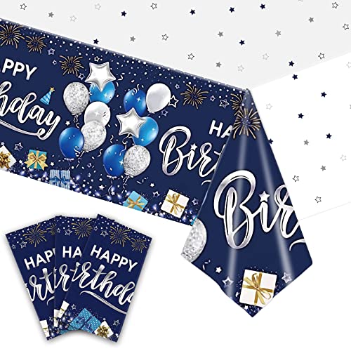 Kesfey Happy Birthday Tablecloths 3 Packs Navy Blue and Silver Birthday Tablecover 54 x 108 Inch Print Firework,Balloon Waterproof Birthday Party Supplies for Birthday Themed Party Table Decorations