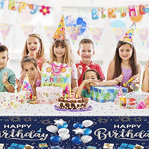 Kesfey Happy Birthday Tablecloths 3 Packs Navy Blue and Silver Birthday Tablecover 54 x 108 Inch Print Firework,Balloon Waterproof Birthday Party Supplies for Birthday Themed Party Table Decorations