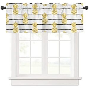 comforance gold pineapple valance for kitchen rod pocket, semi blackout small drapes rod pocket window treatment valances for kitchen bathroom decor 54x18inch tropical fruit with black white stripes