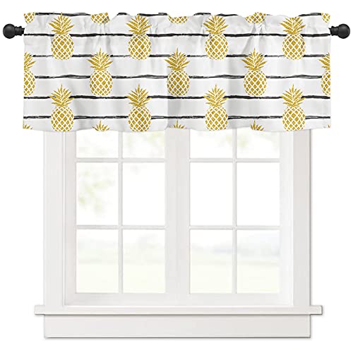 Comforance Gold Pineapple Valance for Kitchen Rod Pocket, Semi Blackout Small Drapes Rod Pocket Window Treatment Valances for Kitchen Bathroom Decor 54x18inch Tropical Fruit with Black White Stripes