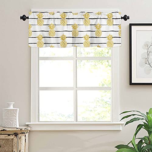 Comforance Gold Pineapple Valance for Kitchen Rod Pocket, Semi Blackout Small Drapes Rod Pocket Window Treatment Valances for Kitchen Bathroom Decor 54x18inch Tropical Fruit with Black White Stripes