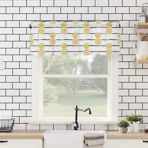 Comforance Gold Pineapple Valance for Kitchen Rod Pocket, Semi Blackout Small Drapes Rod Pocket Window Treatment Valances for Kitchen Bathroom Decor 54x18inch Tropical Fruit with Black White Stripes