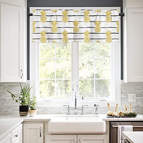 Comforance Gold Pineapple Valance for Kitchen Rod Pocket, Semi Blackout Small Drapes Rod Pocket Window Treatment Valances for Kitchen Bathroom Decor 54x18inch Tropical Fruit with Black White Stripes