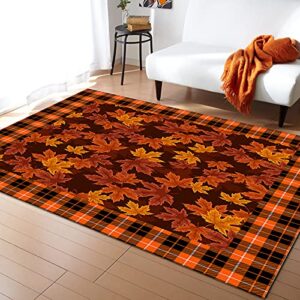 large rectangular area rugs 5' x 7' living room, thanksgiving maple autumn leaf durable non slip rug carpet floor mat for bedroom bedside outdoor fall orange buffalo plaid