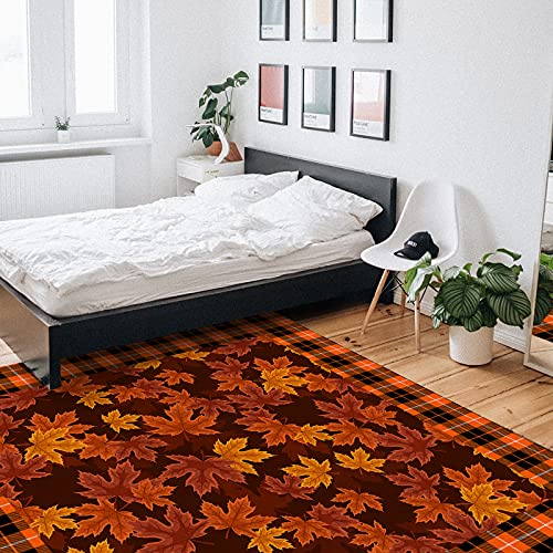 Large Rectangular Area Rugs 5' x 7' Living Room, Thanksgiving Maple Autumn Leaf Durable Non Slip Rug Carpet Floor Mat for Bedroom Bedside Outdoor Fall Orange Buffalo Plaid