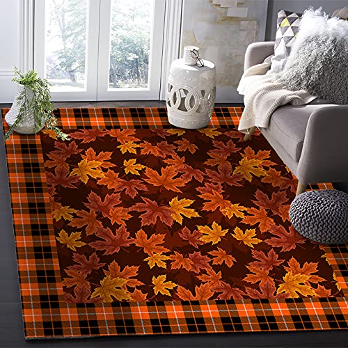 Large Rectangular Area Rugs 5' x 7' Living Room, Thanksgiving Maple Autumn Leaf Durable Non Slip Rug Carpet Floor Mat for Bedroom Bedside Outdoor Fall Orange Buffalo Plaid