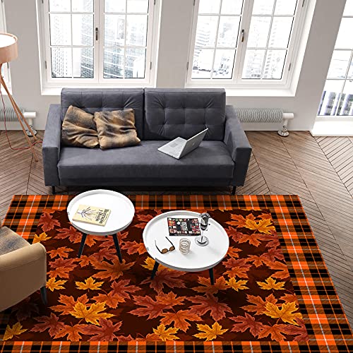 Large Rectangular Area Rugs 5' x 7' Living Room, Thanksgiving Maple Autumn Leaf Durable Non Slip Rug Carpet Floor Mat for Bedroom Bedside Outdoor Fall Orange Buffalo Plaid