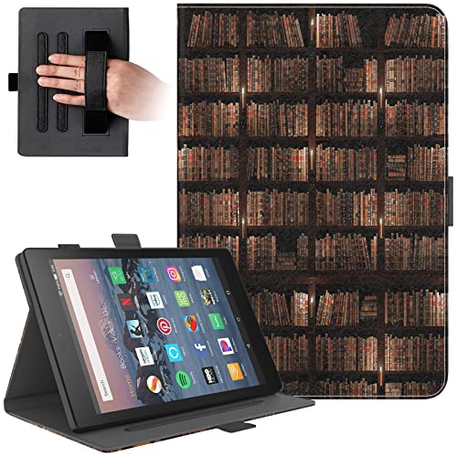 Dteck Case Fits for (8") Kindle Fire HD 8 Tablet (Previous 8th/7th/6th Generation, 2018/2017/2016 Release) - Shockproof Protective Leather Case with Hand Strap, Smart Stand Magnetic Cover (Bookshelf)