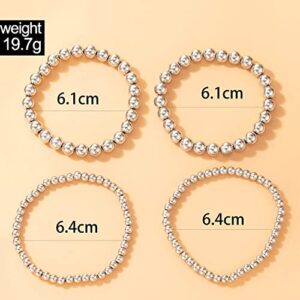 Xerling 4Pcs Silver Beaded Bracelets for Women Ball Chain Bracelets for Teen Girls Stretchable Elastic Bracelet Light Weight (Silver Ball)