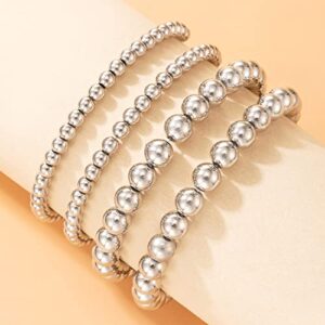 Xerling 4Pcs Silver Beaded Bracelets for Women Ball Chain Bracelets for Teen Girls Stretchable Elastic Bracelet Light Weight (Silver Ball)