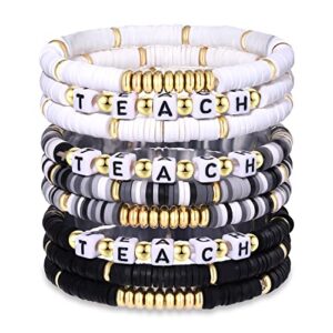 nlcac 9 pack preppy teacher bracelets stackable rainbow heishi teach beaded stretch surfer bracelet teacher appreciation gifts back to school jewelry