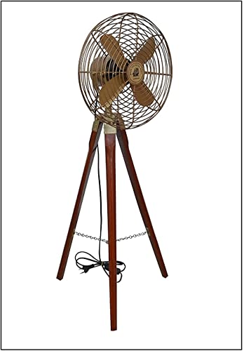 Caripeloy Floor Fan | Vintage Style | With Wooden Tripod Stand Brass Antique Floor Fan | Vintage Style | With Wooden Tripod Stand