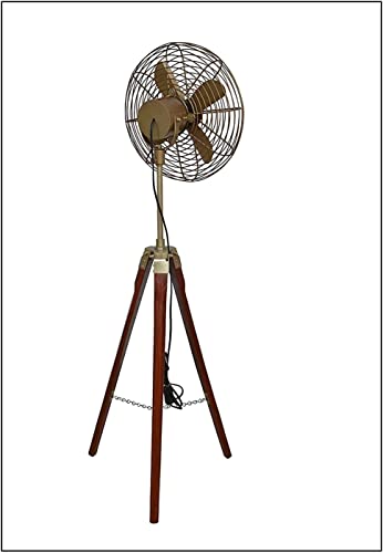 Caripeloy Floor Fan | Vintage Style | With Wooden Tripod Stand Brass Antique Floor Fan | Vintage Style | With Wooden Tripod Stand