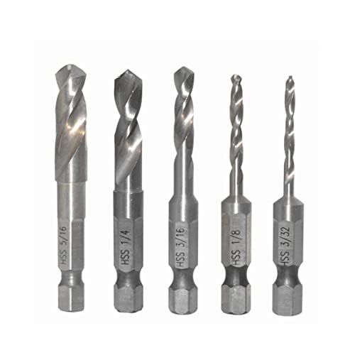 SeonFook 5PCS Stubby Drill Bit Set Short Drill Bits HSS 4241 Steel 1/4" Quick Change Hex Shank 3/32, 1/8, 3/16, 1/4, 5/16 Inch for Woodworking