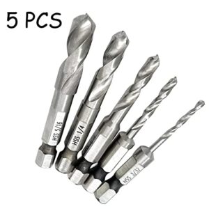 SeonFook 5PCS Stubby Drill Bit Set Short Drill Bits HSS 4241 Steel 1/4" Quick Change Hex Shank 3/32, 1/8, 3/16, 1/4, 5/16 Inch for Woodworking