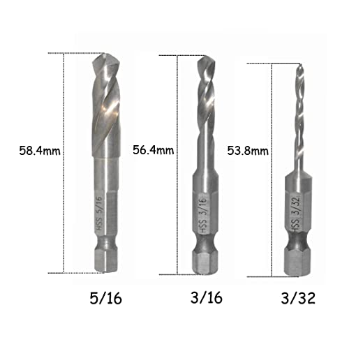 SeonFook 5PCS Stubby Drill Bit Set Short Drill Bits HSS 4241 Steel 1/4" Quick Change Hex Shank 3/32, 1/8, 3/16, 1/4, 5/16 Inch for Woodworking