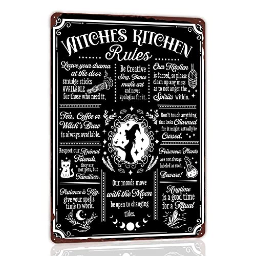 Witches Kitchen Rules Retro Metal Tin Sign, Witch's Brew Is Always Available, Funny Halloween Sign Kitchen Party Decoration Wall Art Rustic Farmhouse Decor 12x8 Inches